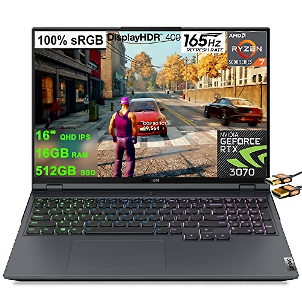Lenovo Legion 5 Pro 16 Gaming Laptop 16" QHD IPS 165Hz (500 nits, HDR400, 100% sRGB) AMD 8-Core Ryzen 7 5800H (Beats i7-10870H) 16GB RAM 512GB SSD GeForce RTX 3070 8GB Backlit USB-C Win11(Renewed)