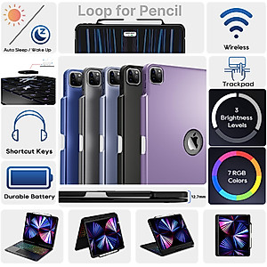 edaiser Swivel Keyboard Case for Apple iPad Pro 12.9 inch 6th Generation 5th 4th 3rd Gen; Wireless Rotatable Cover with Pencil Holder, Multi-Touch Trackpad, Backlit, Black