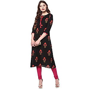 Janasya Indian Women's Tunic Tops Cotton Kurti for Women(JNE2170-KR-436-XXL) Black