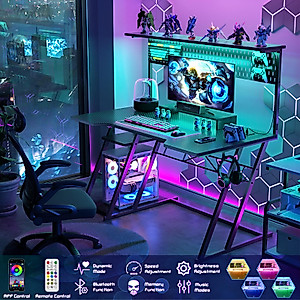 Gaming Computer Desk with Shelves and Outlets, Gaming Desk with Hutch and LED Lights, Reversible PC Gaming Desk with Pegboard, Carbon Fiber Black 47''