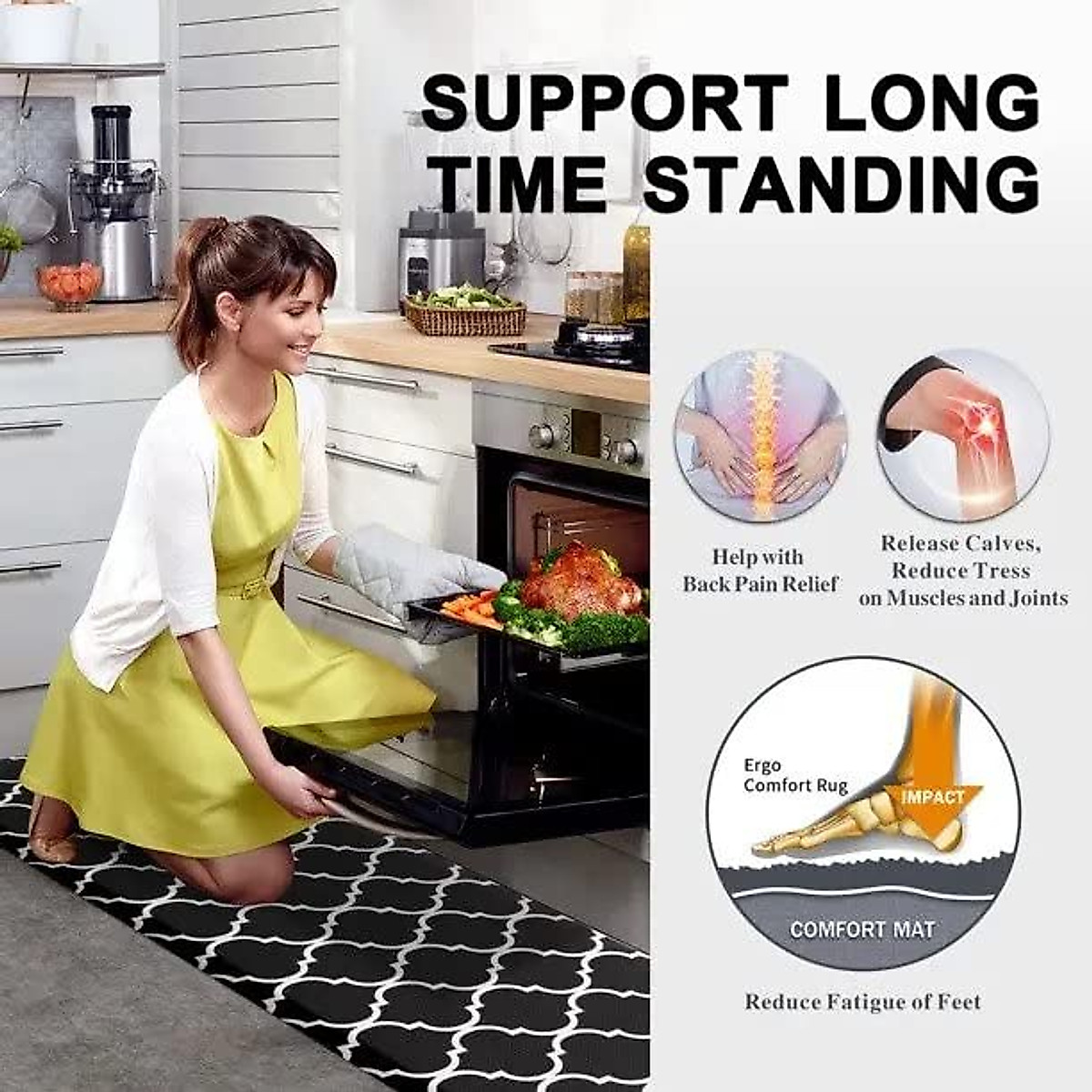 IO Anti Fatigue Mat Set of 2 Cushioned Standing Desk Mat and Kitchen Rug - Stain Resistant Waterproof and Non-Slip - Kitchen Office Home Sink Laundry - Black