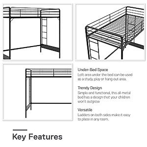 REALROOMS Colten Kid's Metal Loft Bed, Underbed Desk and Gaming Area, Two-Sided Ladder, Twin, Black