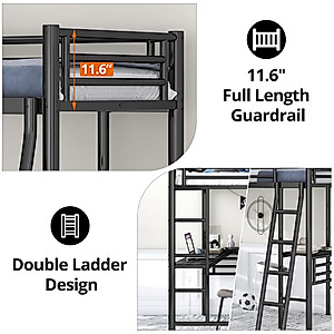 INCLAKE L Shaped Metal Loft Bed with 2 Desk, Twin Size Loft Bed with Safety Guardrail and 2 Ladder, Heavy-Duty Steel Frame Corner Twin Bed for Girls Boys Teens, Black