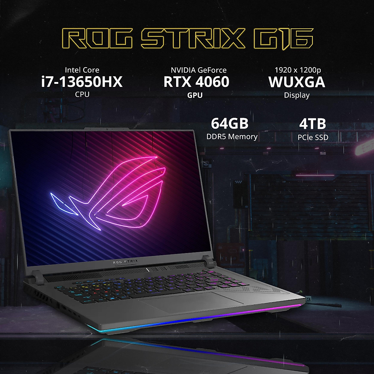 asus ROG Strix G16 16'' WUXGA 165Hz Gaming Laptop, Intel Core i7-13650HX, NVIDIA GeForce RTX 4060, 64GB DDR5 RAM, 4TB SSD, RGB 4zone Backlit Keyboard, Win 11Pro, Gray, 32GB Hotface USB Card