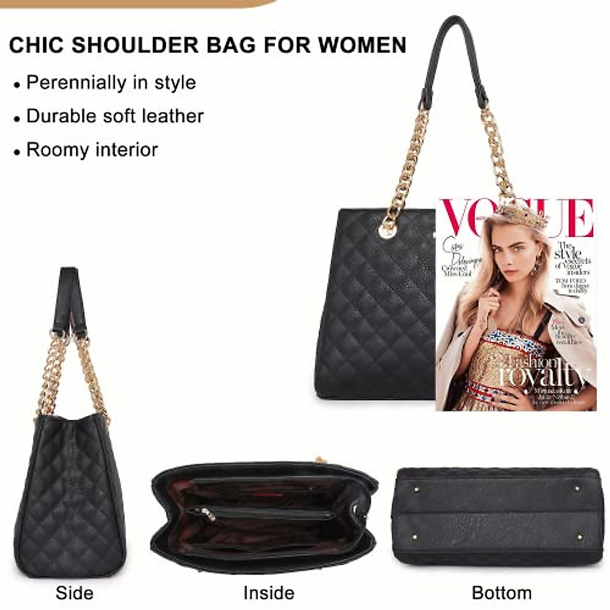 Montana West Shoulder Handbags for Women Quilted Tote Purse Ladies Designer Satchel Hobo Bag with Chain Strap Gift MWC-040BK