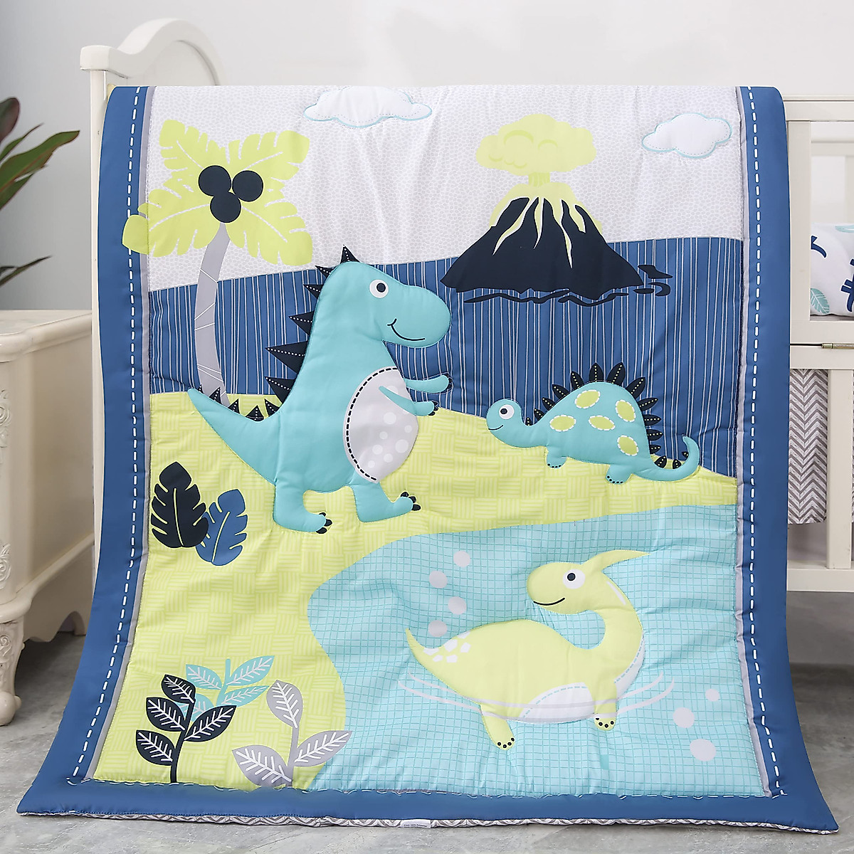8 PC Dinosaur Crib Bedding Set for Baby Boys, Blue Nursery Set with Quilt/Sheet/Dust Ruffle/Blanket/Diaper Stacker/3 Wall Stickers, (0363)