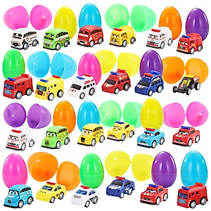 JOYIN 24 Pcs Mini Pull Back City Cars Prefilled Easter Eggs with Vehicle Toys for Kids Boys Eggs Hunt, Easter Basket Stuffers/Fillers, Party Favors, Classroom Prize Supplies