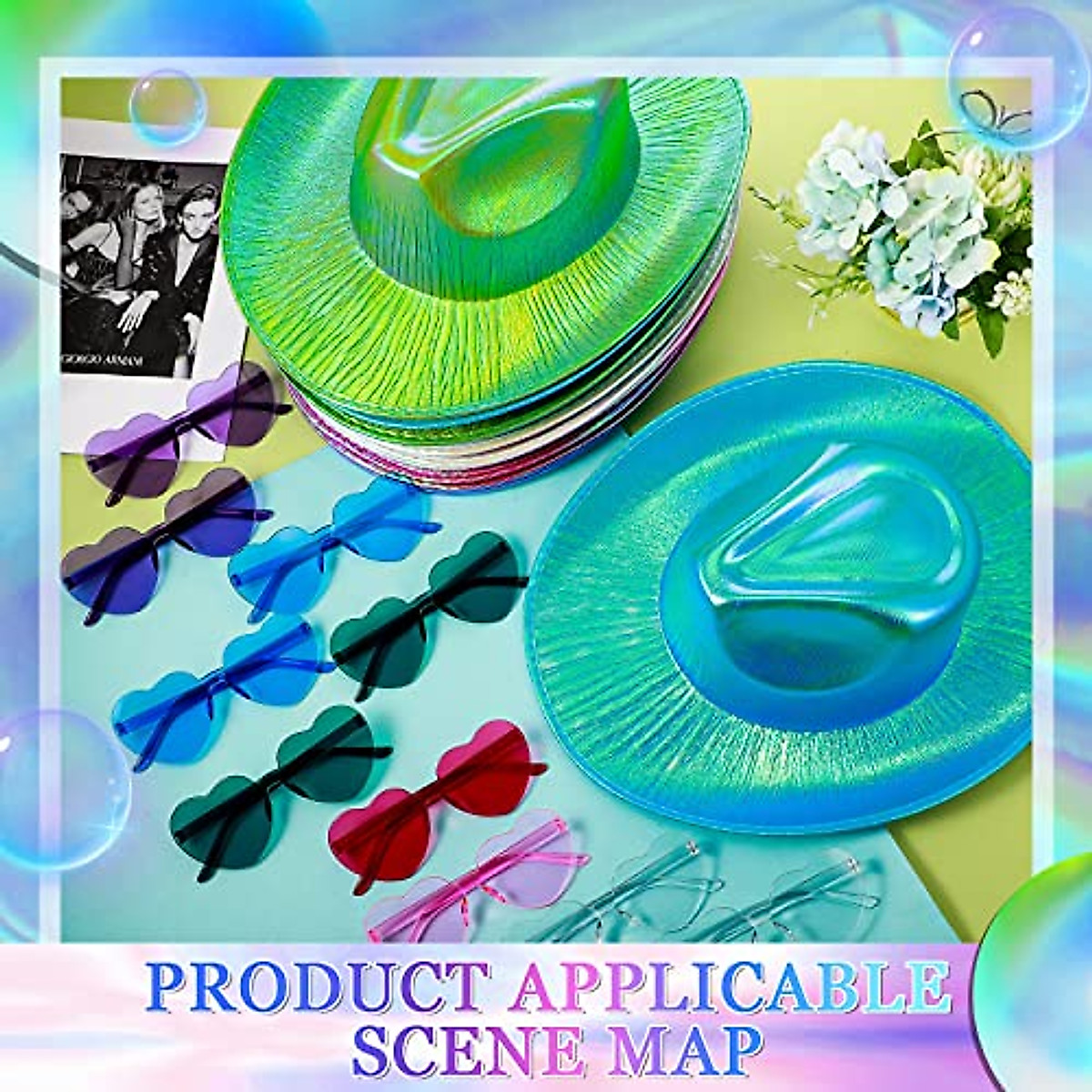 24 Pcs Cowboy Hats Holographic Space Cowgirl Hat with Rimless Heart Sunglasses Fun Party Hats Goggles for Women Men Party