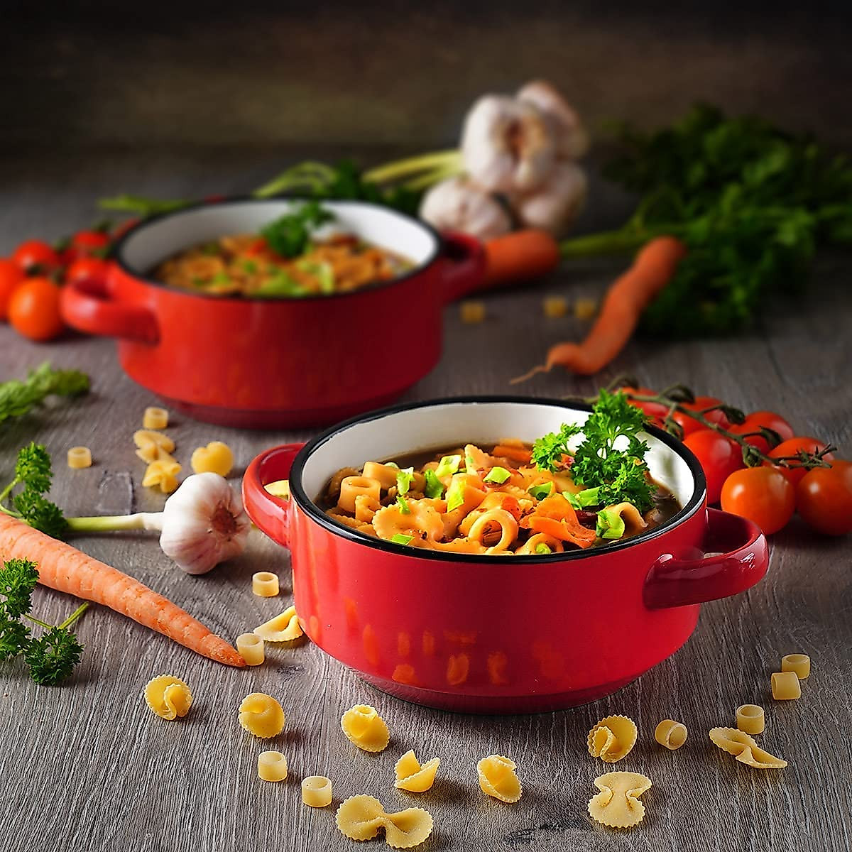ECODECO Baking Serving Ceramic Red Soup Bowls with Handles - 16 Ounce - Set of 2 - Chowder Bisque Pot Pie Crocks