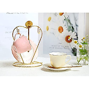 ikasus 2 Cups Stand Metal Cups Holders, Heart Shaped Cup and Saucer Holder Water Cup Drain Rack Household Kitchen Coffee Mugs & Tea Cup Storage Rack Stainless Steel Tabletop Coffee Mug Holder Gold