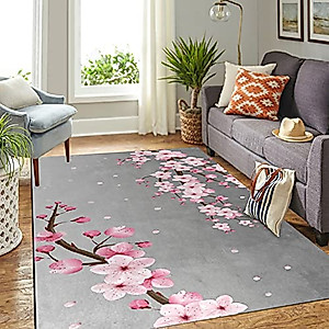 Oueoty Japanese Cherry Blossom Flower on Gray Area Rug Rugs for Living Room Bedroom 5x7ft