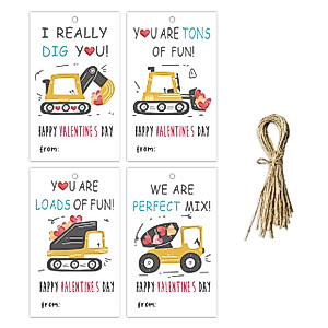 Valentine's Day Tags for Kids - 40 Pcs Construction Vehicle Valentine's Day Hanging Tag with String Card - Valentine's Day Gift Labels, Gift Wrapping, Party Gift Box, Decoration Supplies(QRtag-01)
