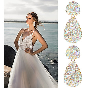 Met-edianger Met-edianger AB Rhinestone Statement Earrings White Teardrop Costume Earrings Iridescent Crystal Chandelier Drop Dangle Earrings for Women Wedding Bridal