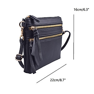 JIARUO Women Mini Multi Zipper Pocket Lightweight PU Leather Sling Crossbody Bag Purses Handbag (black)