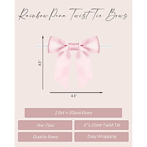 RainbowPana 50 Pack 4.5" Twist Tie Bows, Luxury Baby Pink Satin Ribbon Pretied Bows, Premade Craft Decoration for Package