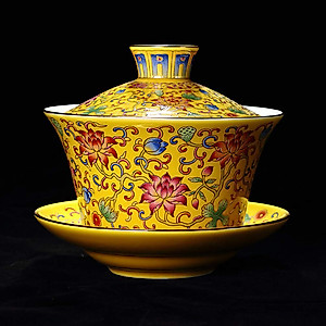 MULHUE Chinese Gaiwan Tea Lover Gift - Handmade Enamel Painted Porcelain Tea Cup Indoor Decor -Chinese Traditional Teaware Kungfu Tea bowl with Lid and Saucer -10 oz