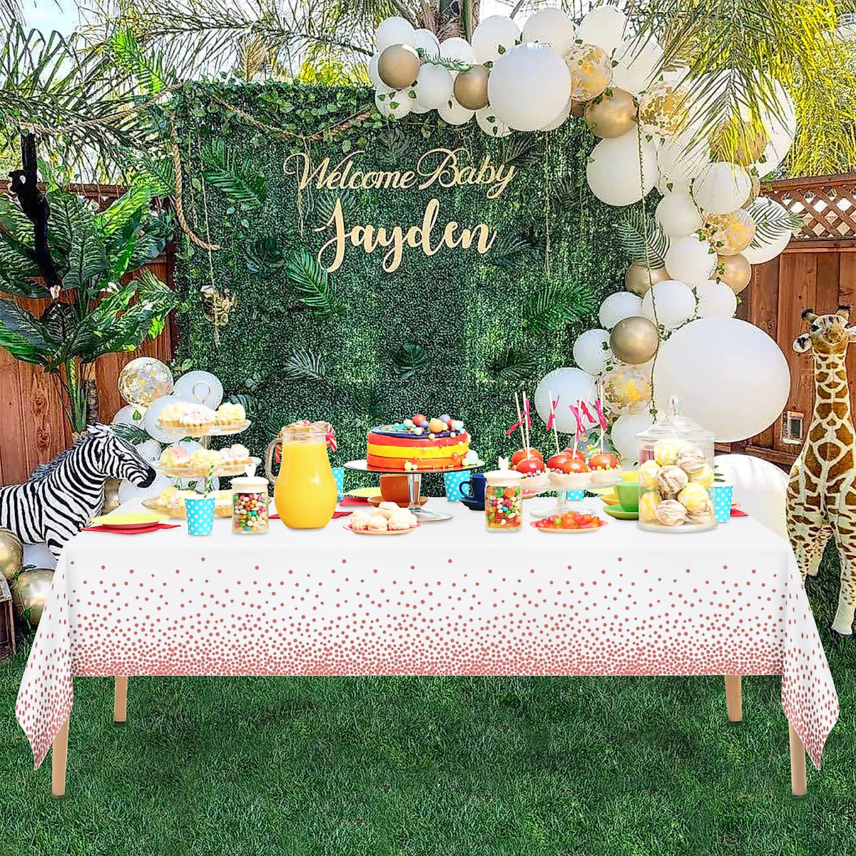 Rose Gold Polka Dot White Tablecloth, 2 Pcs Disposable Plastic Table Cloths, Rose Gold Confetti Table Cover for Birthday Parties Wedding Anniversary Baby Shower Fine Dining Decor 54 × 108 inches