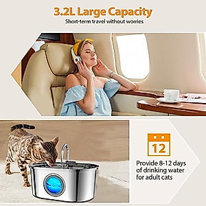 subteenmate Cat Water Fountain with Water Levels Window, 3.2L/108oz, Pet Water Fountain Stainless Steel Dog Water Dispenser, Ultra-Quiet Pump, Water Fountain for Cats Inside 3 Replacement Filters