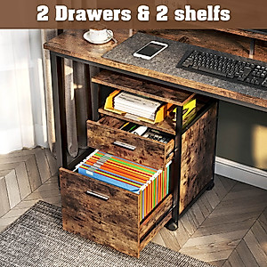 TC-HOMENY Mobile File Cabinet on Wheels Office Cabinet with 2 Drawers, Wood Filing Cabinet fits A4 or Letter Size for Home Office, Rustic Brown