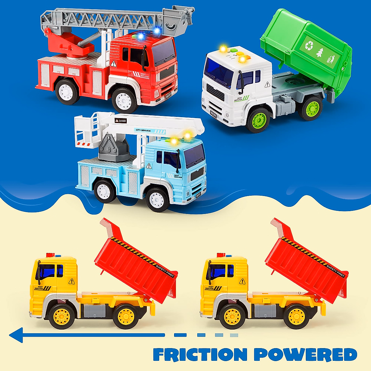 JOYIN 4 Pack Friction Powered City Vehicles Including Garbage Truck, Fire Engine Truck, Boom Lift Truck and Construction Dump Truck with Lights and Sounds