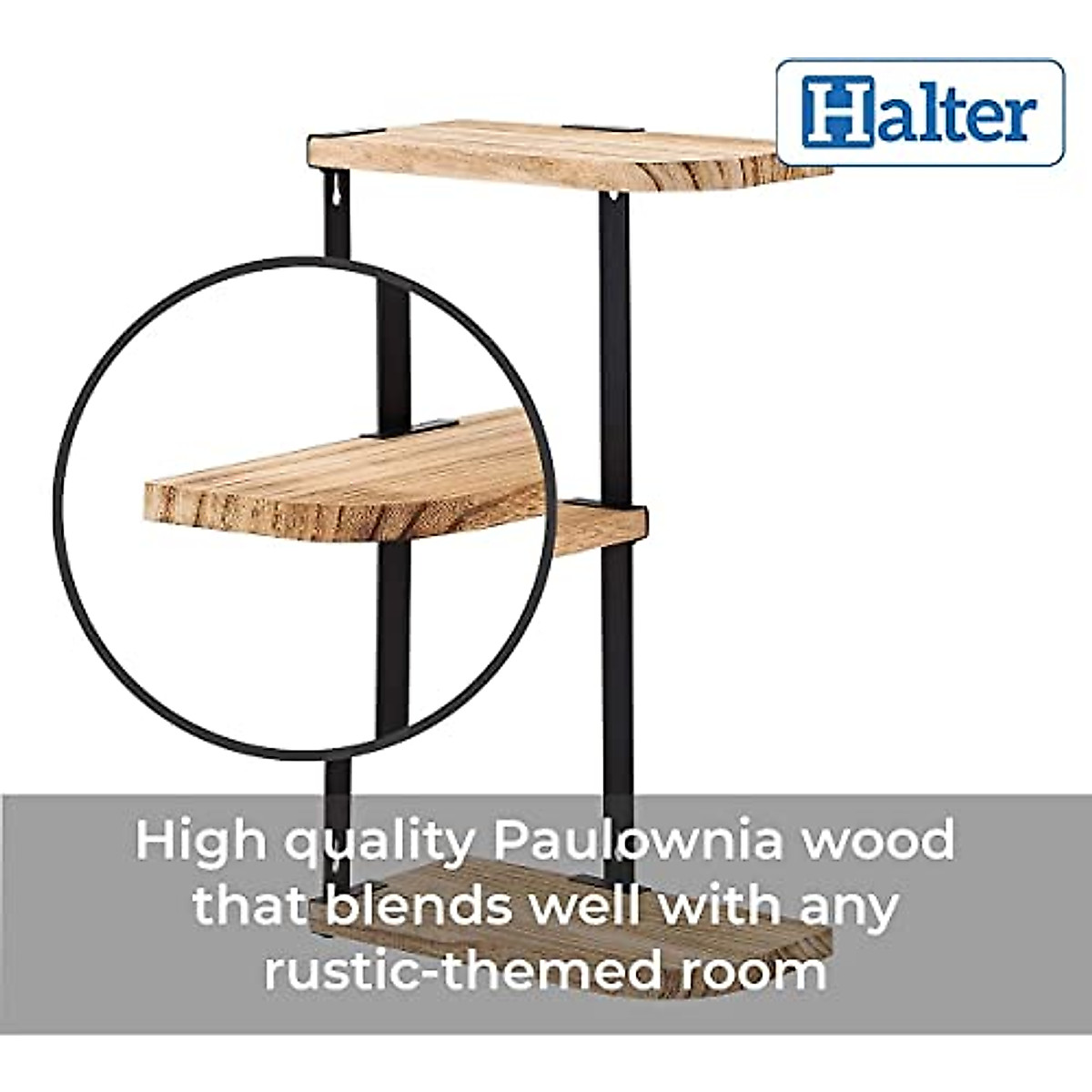 Halter Floating Corner Shelves, Wall Mounted Corner Shelves, Hanging Shelves, Floating Corner Shelves with Metal Brackets for Bathroom, Bedroom, Bookshelves and More, 3 Tier, Brown Wood