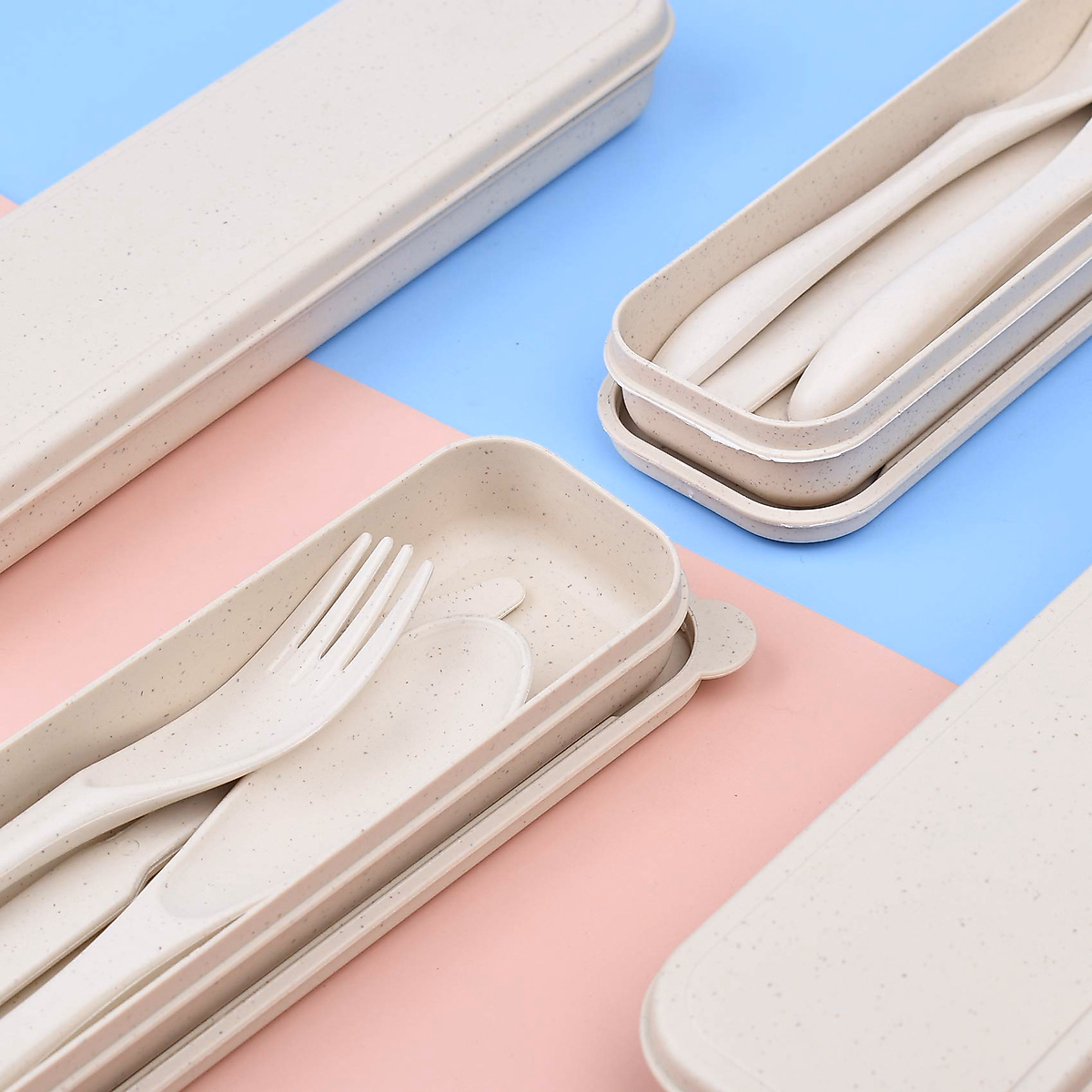 4 Pack Travel Utensil Set with Case, Wheat Straw Reusable Spoon Knife Forks Tableware, Portable Cutlery for Adult Travel Picnic Camping or Birthday, Anniversary Use (Beige)