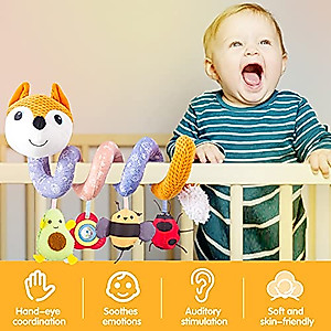 HILENBO Car Seat Toys, Infant Baby Orange Fox Spiral Plush Activity Hanging Toys for Car Seat Stroller Bar Crib Bassinet Mobile with Music Box BB Squeaker and Rattles（Orange）