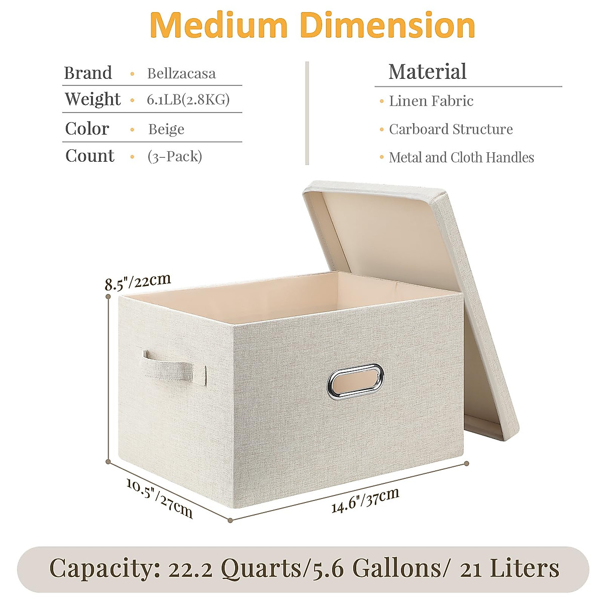 Bellzacasa Collapsible Storage Bins with Lids, 3 Pack Linen Fabric Foldable Storage Bin Cube with Handles, Storage Baskets Box Closet Organizers and Storage Containers, Beige, 14.6x10.5x8.5