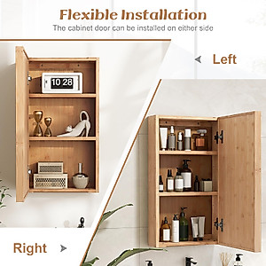Giantex Medicine Cabinet Mirror, Bathroom Wall Cabinet with Reversible Single Door, 2 Adjustable Shelves, Bathroom Vanity Mirror, Bamboo Storage Cabinet for Bathroom, Living Room, Entryway, Natural