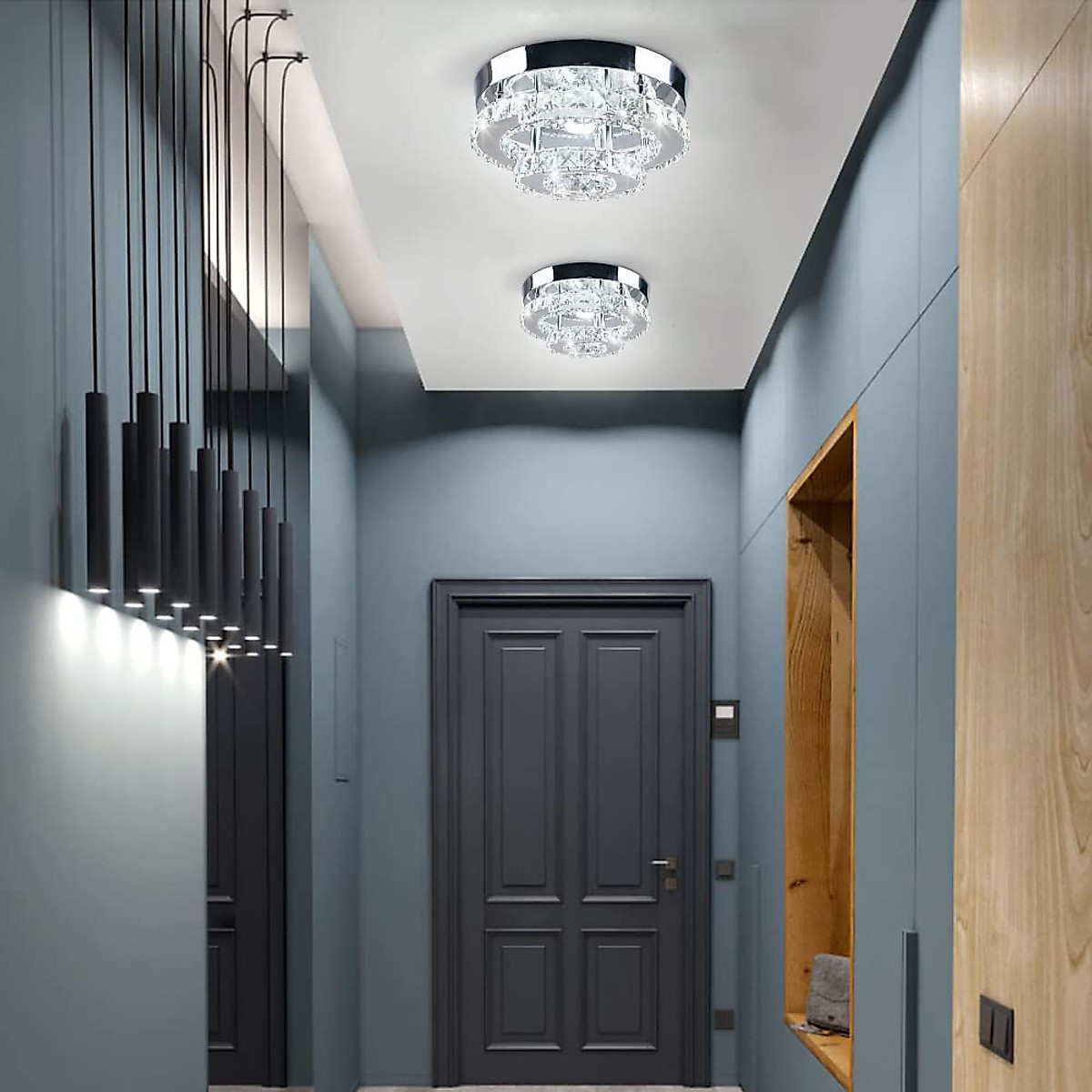 Cainjiazh Mini Chandelier LED Crystal Ceiling Light 2 Layers Flush Mount Ceiling Light Modern Chandelier Lighting for Hallway Staircase Kitchen Bathroom (Cool White)