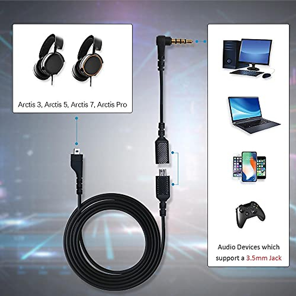 QJYTH Replacement Cable Cord Compatible with SteelSeries Arctis 3, Arctis Pro Wireless, Arctis 5, Arctis 7, Arctis Pro Gaming Headset, Audio Cable 3.5mm Fit for GameDac(2 in 1, Black)