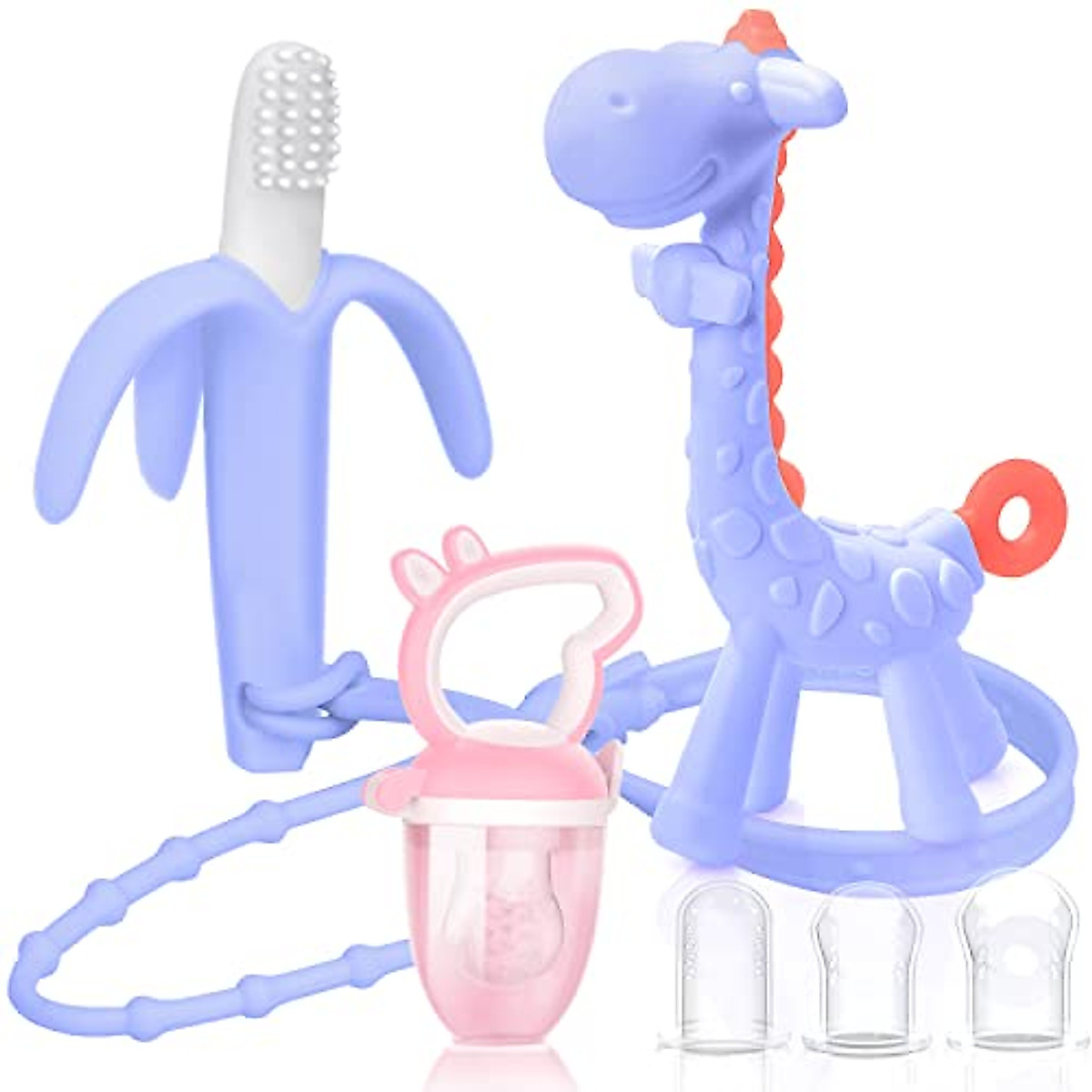 SHARE&CARE Baby Teething Toys for Girls and Natural Organic Fruit Feeder Pacifier/Baby Teether Chew Toys Fresh Food Feeder/ 1 Teethers and 1 Feeder with 3 Silicone Sacs(Purple)