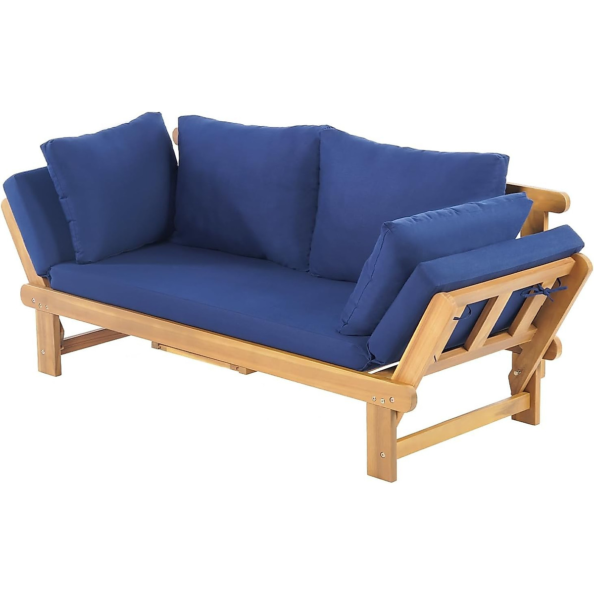FDW Outdoor Patio Couch Daybed Sofa Loveseat Seating Outdoor Couch Daybed with Adjustable Armrest, Wooden Loveseat with Cushion and Pillow and Expandable Plate