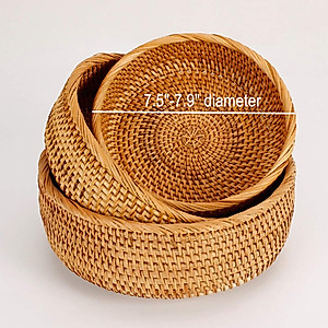 amololo Hadewoven Round Rattan Fruit Basket Wicker Food Tray Weaving Storage Holder Dinning Room Bowl, 8 Inch Small Bread Baskets Tray for Serving with Deep Wall, Brown (Small 7.48”)