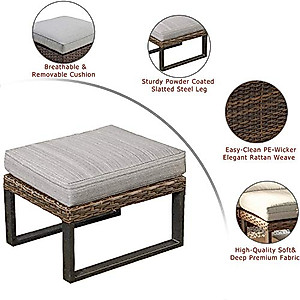 Festival Depot Patio Ottoman Wicker Footstool with Thick Cushion Metal Frame Outdoor Furniture for Deck Yard All Weather (Grey)