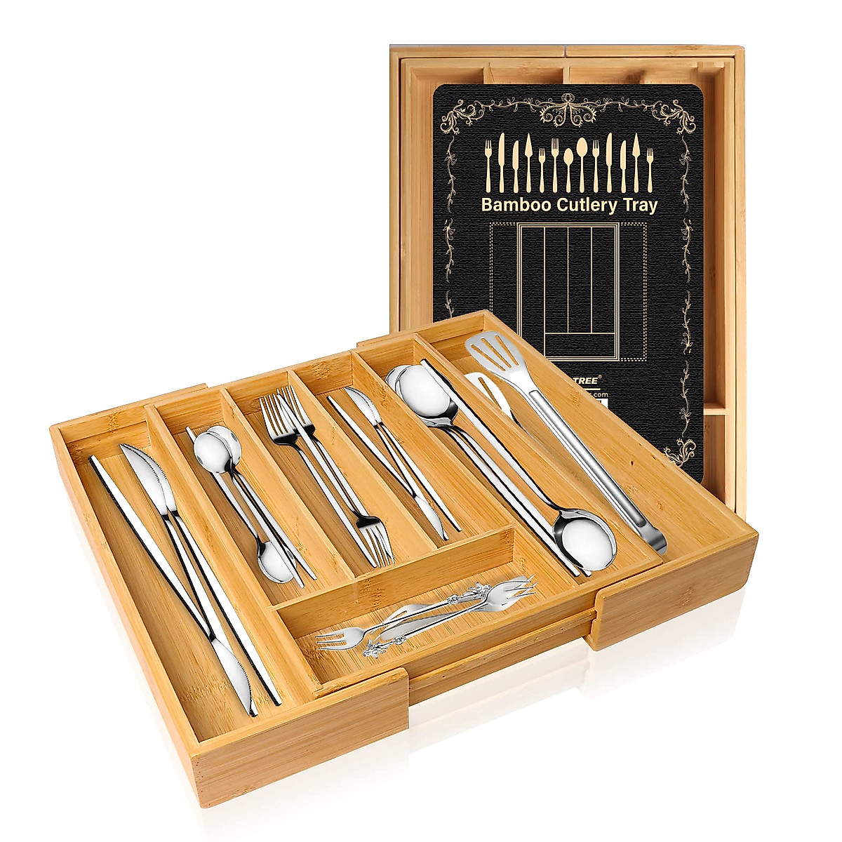 BIGTREE Bamboo Cutlery Expandable Drawer Organizer, Silverware Tray Organizer, Recessed Dividers, Wooden Drawer Divider Organizer, Adjustable Size to 15.35 x 14.17 x 1.97 Inches for Kitchen Utensils.