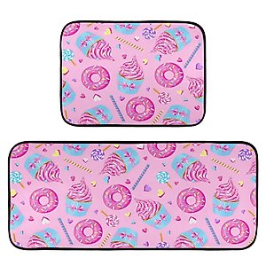 Sweet Pink Cupcakes Kitchen Rug Set of 2 Donuts Lollypops Kitchen Mat No-Slip Runner Rug Anti Fatigue Mats Floor Door Mats Carpet Doormats Washable Home Decor 19.7"x27.6"+19.7"x47.2"
