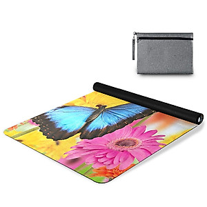 OTVEE Beautiful Flowers With Butterflies Yoga Mat for Women Non Slip Ultra Thin 1 MM Travel Yoga Mat with Carrying Bag Suede Fitness Exercise Mat for Yoga Pilates Workout Routines Camping