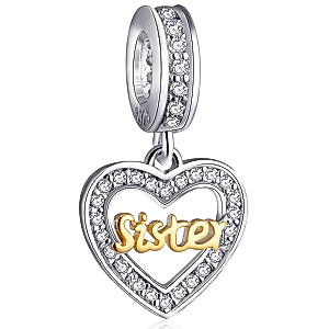 2 Tone Sister Love Heart Charms for Women - 925 Sterling Silver Big/Little Sis Pendant Goddess Beads - fits Pandora Mothers Day Bracelet, Gifts for Birthday/Christmas/Sister in Law
