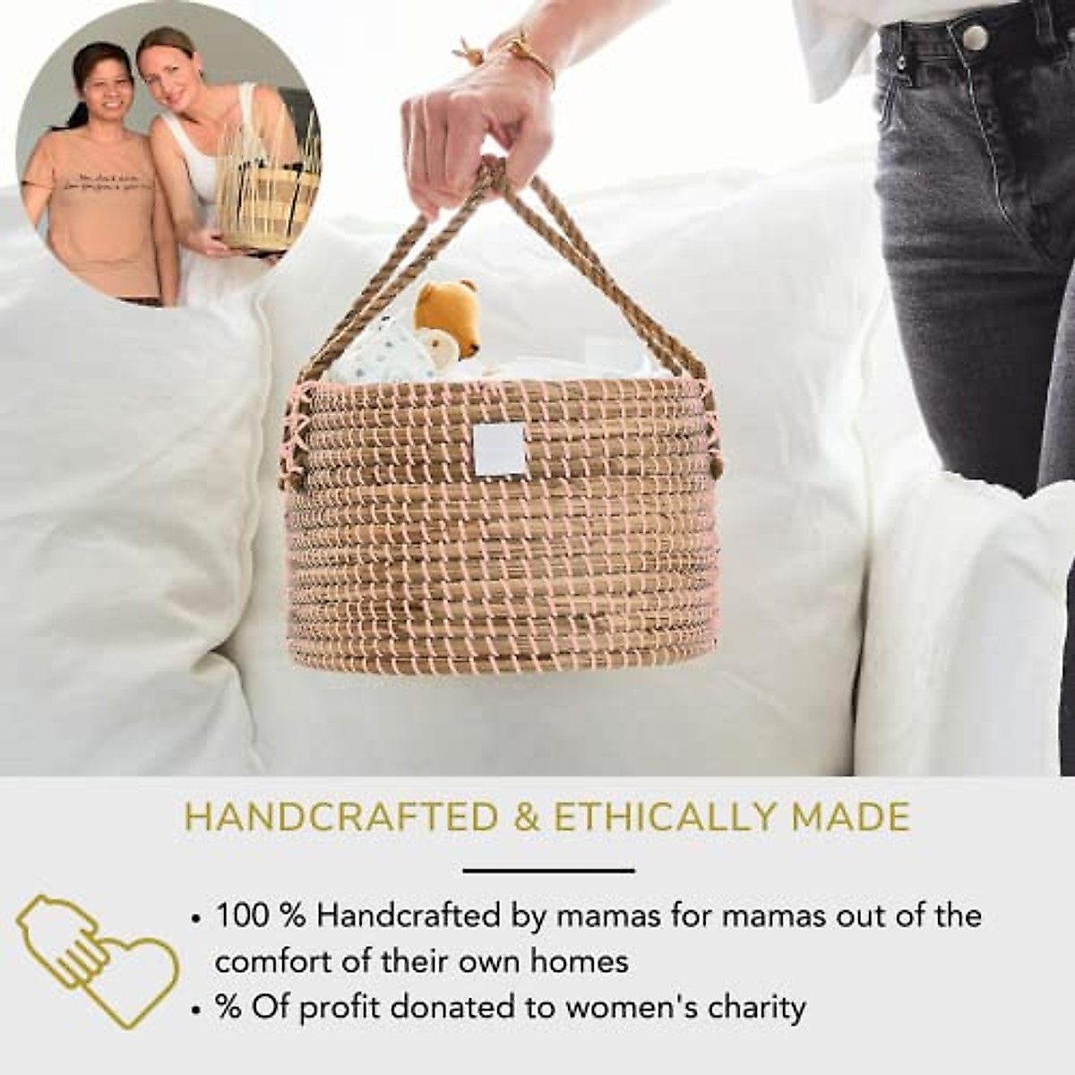 BEBE BASK Baby Diaper Caddy Organizer - Handmade Organic Seagrass - Luxury Pink Diaper Caddy Basket - Cute Diaper Caddy for Baby Girl - Diaper Caddy For Baby Girl (Blush)