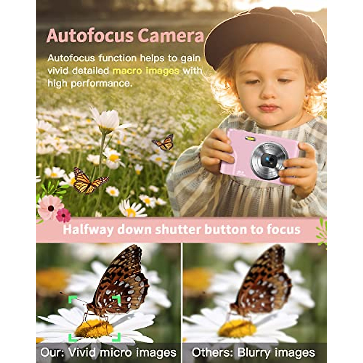 Digital Camera, Zostuic Autofocus 48MP Kids Camera with 32 GB Card Vlogging Camera with 16X Zoom, 1080P Compact Portable Mini Cameras for 4-15 Year Old Kid Children Teen Student Girls Boys(Pink)