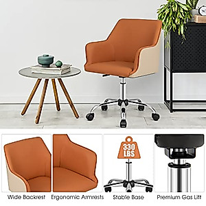 Giantex Home Office Desk Chair, Upholstered PU Leather Task Chair w/Arms & Adjustable Height, Mid-Back Swivel Rolling Desk Chair for Bedroom Study Office, Orange & Beige