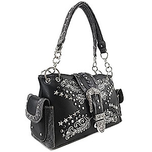 Justin West Buckle Western Floral Damask Embroidery Studs Stars Concealed Carry Handbag Purse (Black Purse Wallet Set)