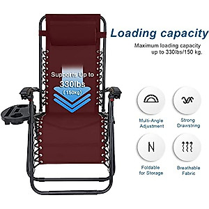 ABCCANOPY Zero Gravity Adjustable Reclining Patio Chair Lounge Chair with Removable Pillow and Cup Holder Tray, (Burgundy)