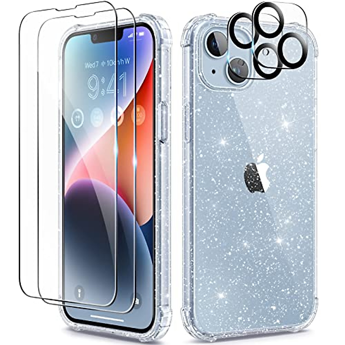 BERFY for iPhone 14 Case Glitter, with 2X Screen Protector + 2X Camera Lens Protector, [Not Yellowing] Sparkly Crystal Shockproof Hard Back Slim Protective Phone Cover for Women, 6.1" (Glitter Clear)