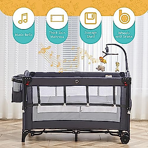5-in-1 Baby Bedside Sleeper with Bassinet, Multifunction Bedside Baby Crib from Newborn to Toddlers, U-Shaped Diaper Changer, Safety Strap, Music Box & Hanging Toys, Baby Playard Deluxe Nursery Center