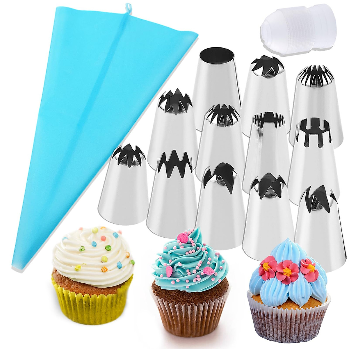 12PCS Large Piping Tips Set, Stainless Steel frosting tips with Reusable Pastry Bag, Cake Decorating Tips Set for DIY Pastry Dough, Cookie, Cupcake, Cake