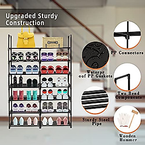 7-Tier Shoe Rack Storage Organizer for Closet, 28 Pairs Shoes and Boots Shelf Organizer, Durable Metal Pipes and Plastic Connectors Shoe Shelf Organizer for Entryway, Hallway, Living Room, Black