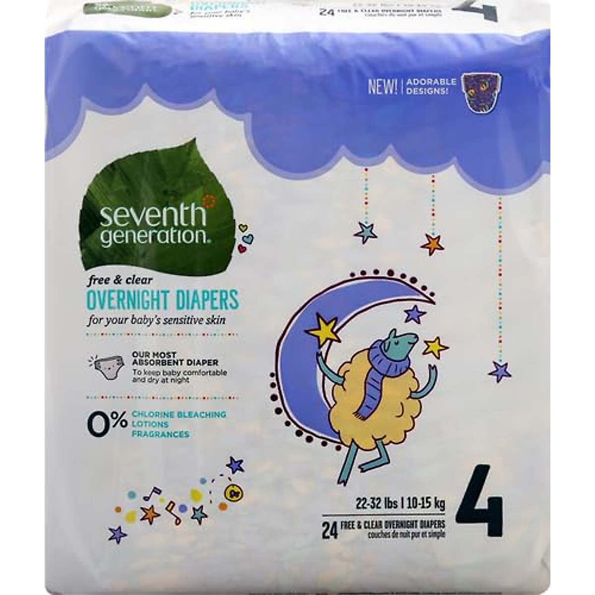 Seventh Generation Free & Clear Overnight Diapers, Size 4, 24 ct