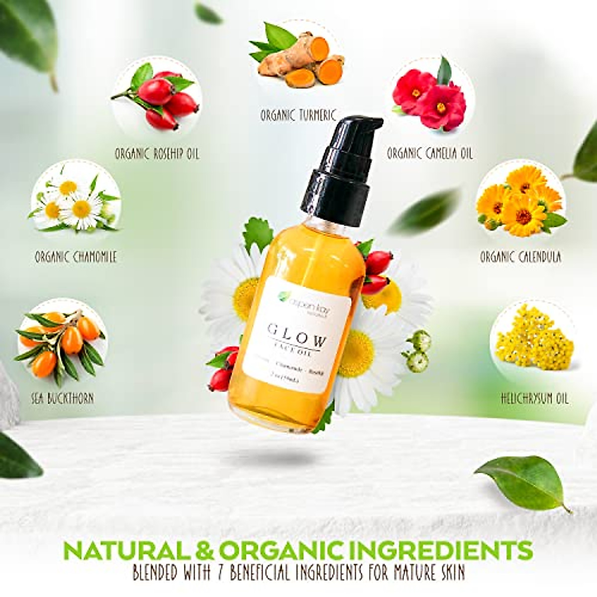 Glow - Turmeric & Rosehip Face Oil, Natural & Organic Face Moisturizer with Turmeric and Chamomile - Facial Serum - 2 oz